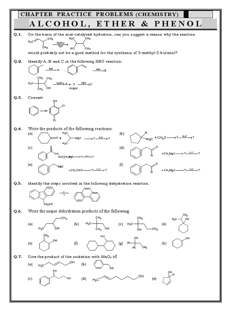 Alcohol, Ether & Phenol: Chapter Practice Problems | Download Free PDF ...