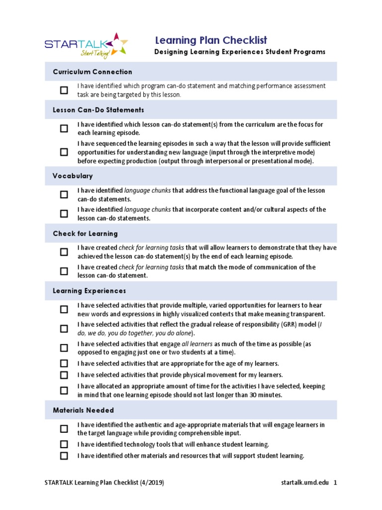 Learning Plan Checklist: Designing Learning Experiences Student ...
