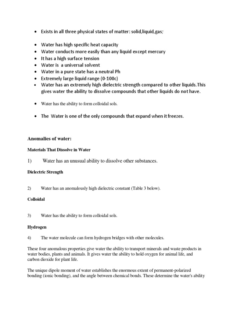 Unique Properties of Water | PDF | Properties Of Water | Molecules