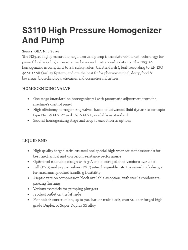 S3110 High Pressure Homogenizer and Pump | PDF
