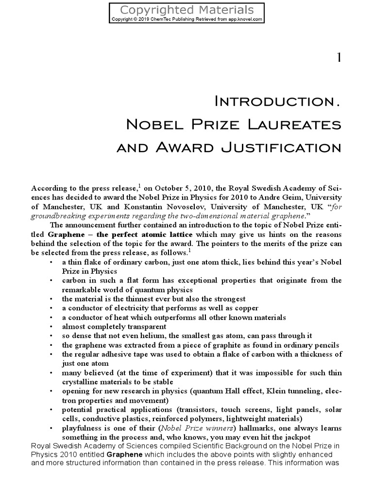 Nobel Prize Laureates and Award Justification | PDF | Graphene | Materials
