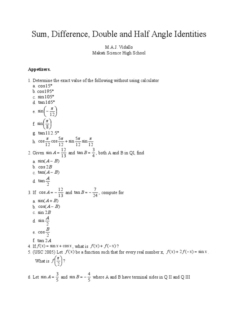 Sum Difference Double and Half Angle Identities | PDF | Trigonometric ...
