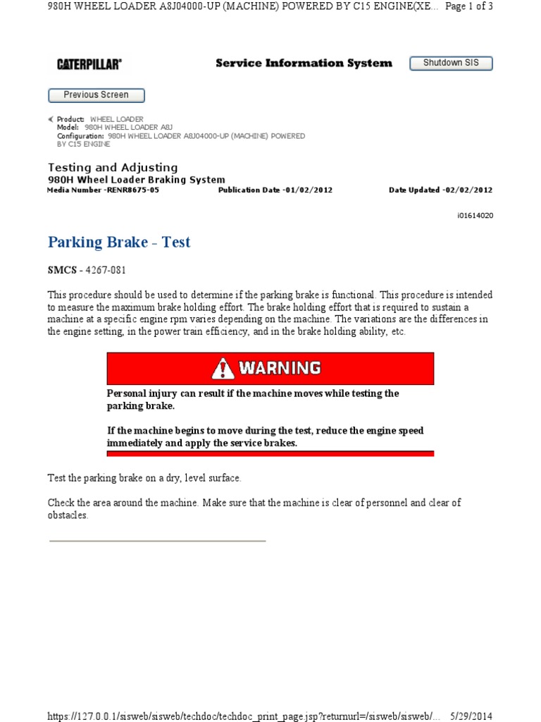 Parking Brake - Test: Testing and Adjusting | PDF | Transmission ...