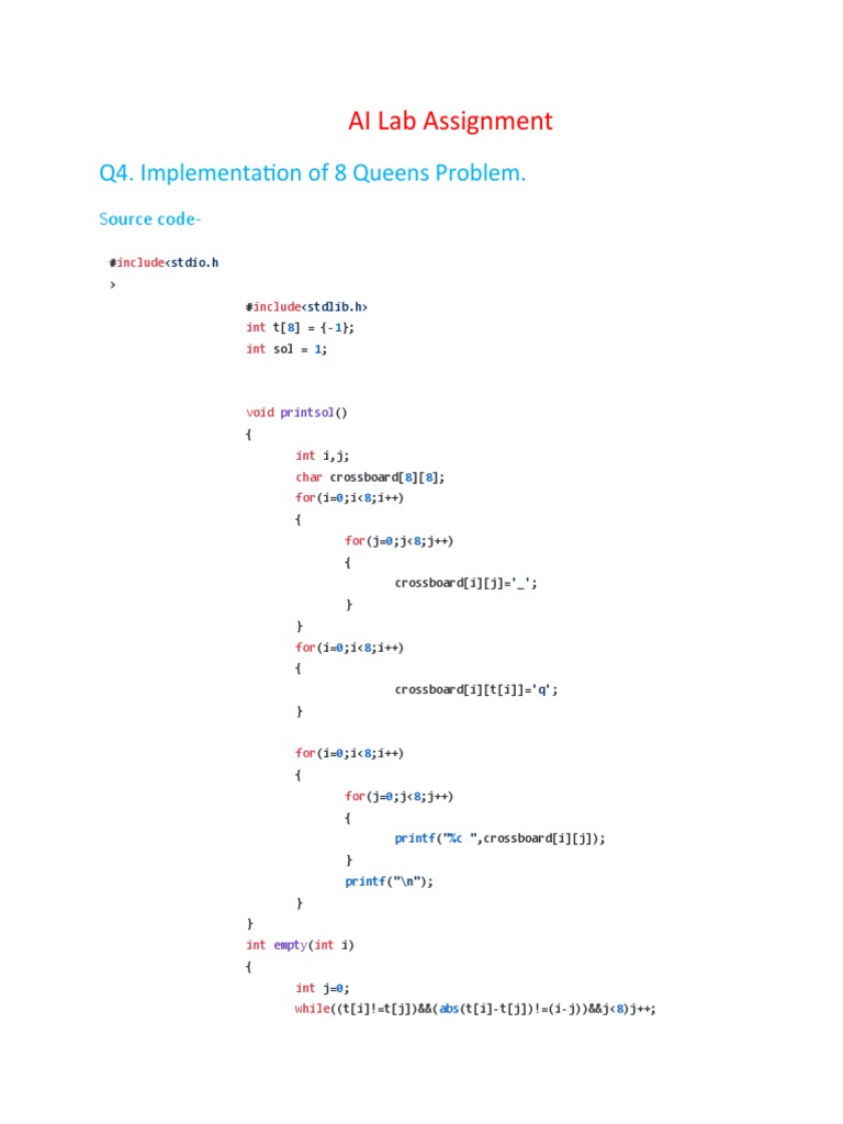 AI Lab Assignment: Q4. Implementation of 8 Queens Problem | PDF ...