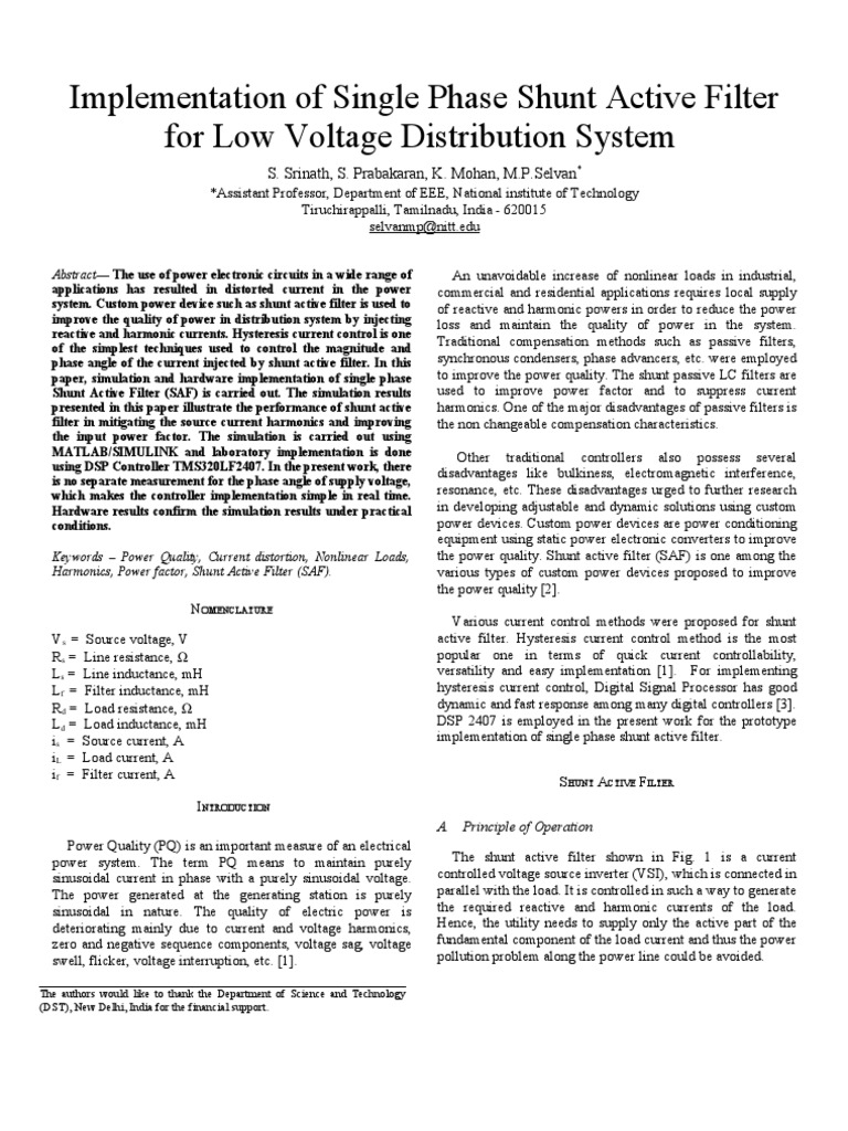 Implementation of Single Phase Shunt Active Filter For Low Voltage Distribution System | PDF ...