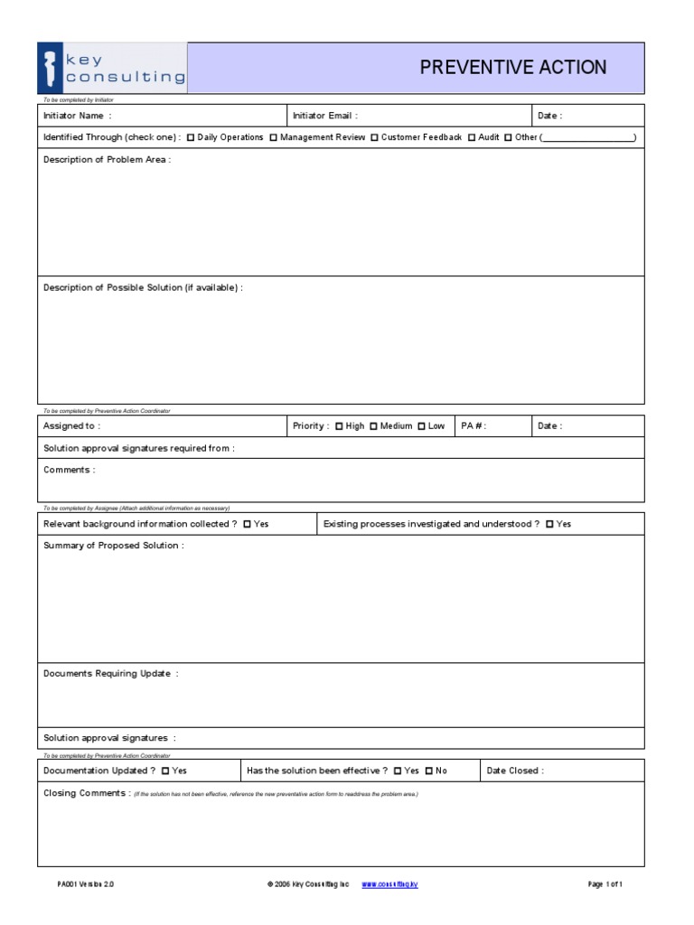 Preventive Action: PA001 Version 2.0 2006 Key Consulting Inc Page 1 of ...