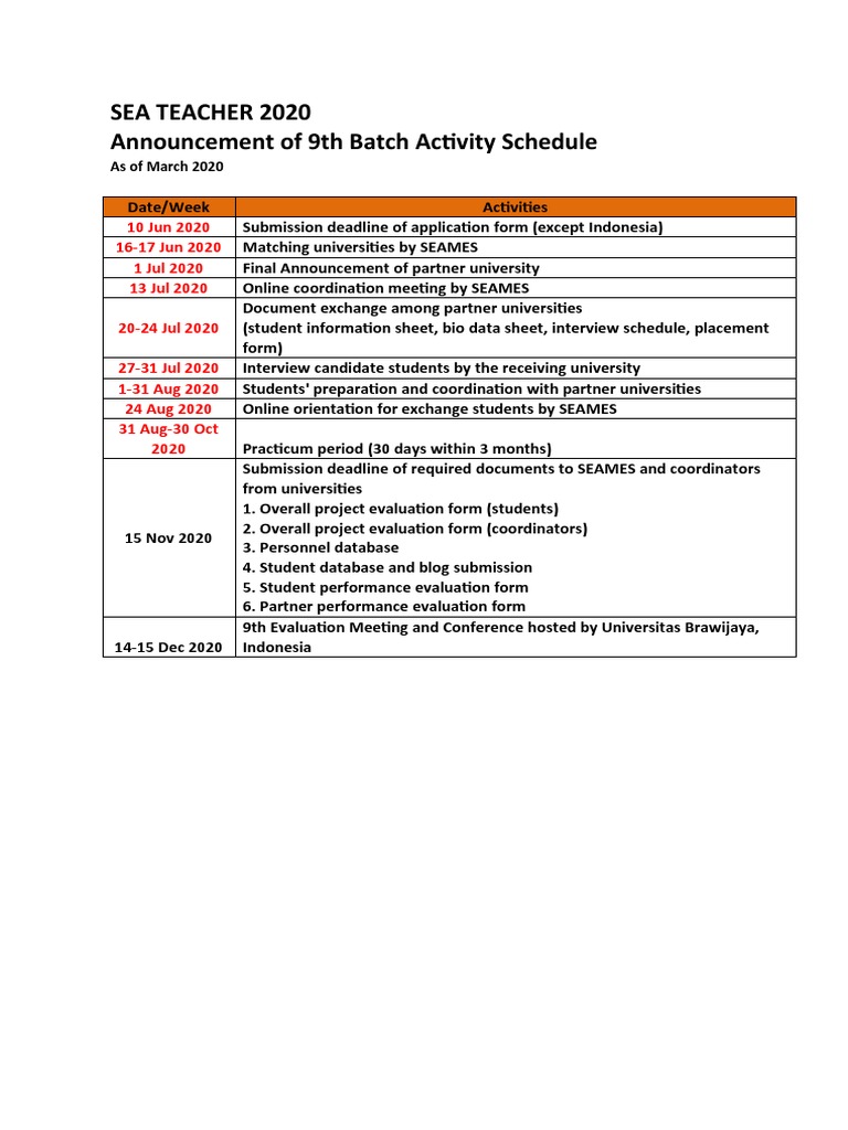 SEA Teacher 2020 Activity Schedule | PDF