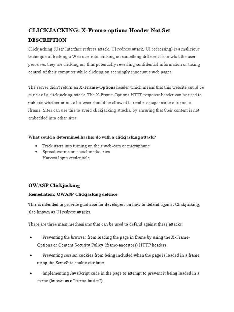 CLICKJACKING: X-Frame-options Header Not Set: Description | PDF | Security Engineering ...