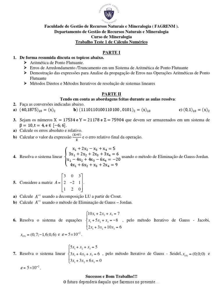 Teste 1 Calculo Numerico Pdf Pdf Análise Numérica Sistema De