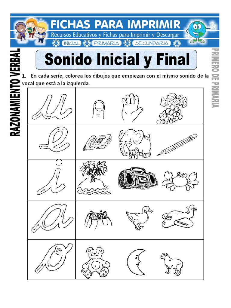 Ficha de Sonido Inicial y Final para Primero de Primaria PDF | PDF