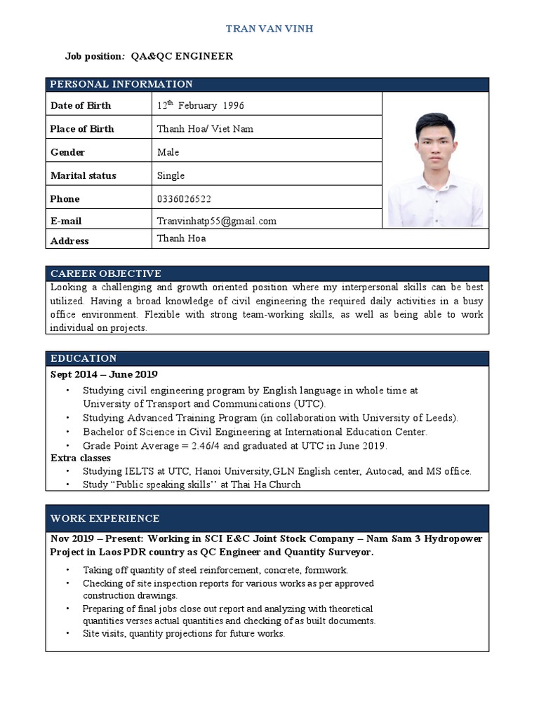 CV Tran Van Vinh | PDF | Learning | Cognition