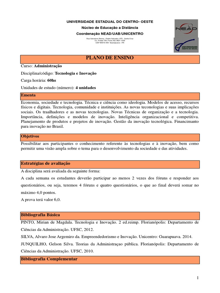 Plano de Ensino - Tecnologia e Inovação | PDF | Inovação | Science