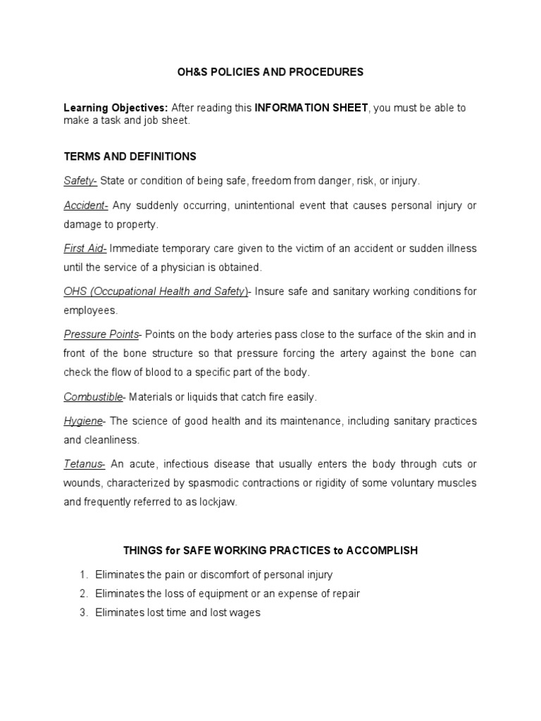 Oh&S Policies and Procedures Learning Objectives: After Reading This ...
