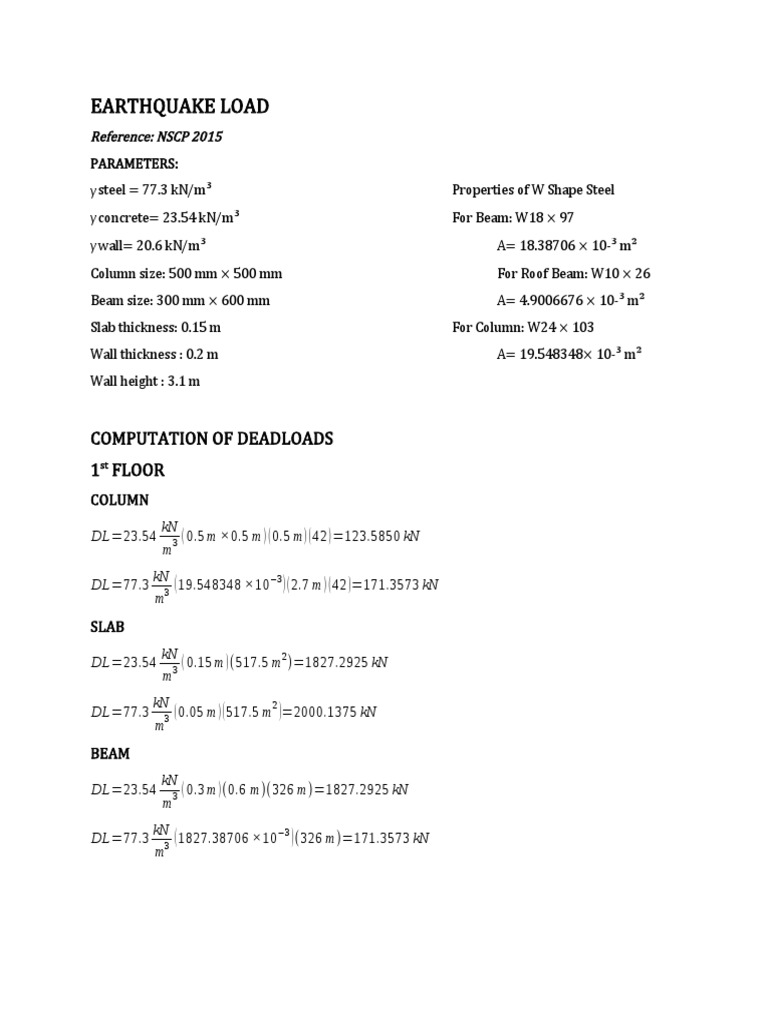 Calculation of Dead Loads, Seismic Forces, and Moments for a Three ...