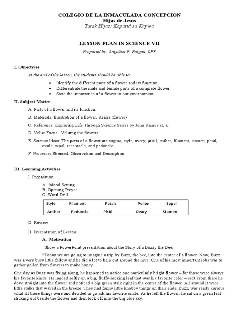 Lesson Plan | PDF | Flowers | Pollination