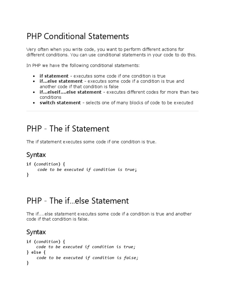 PHP Conditional Statements | PDF | Control Flow | Software Development PHP Conditional Statements | PDF | Control Flow | Software Development
