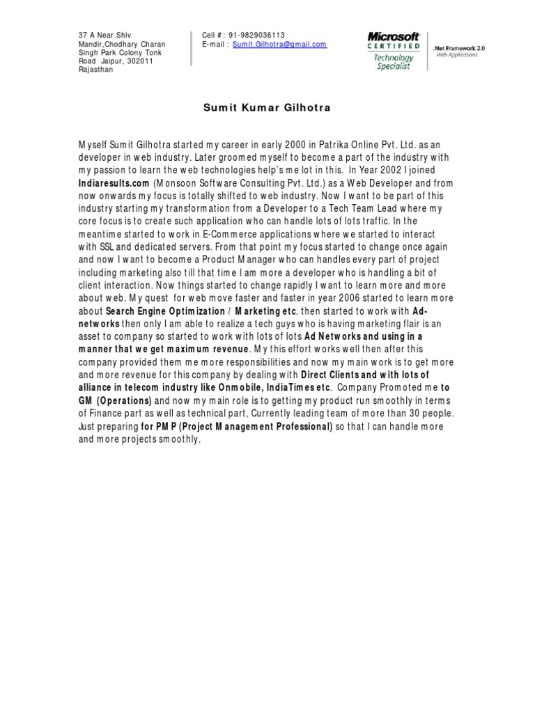 Sumit CV | PDF | Microsoft Access | Microsoft Sql Server
