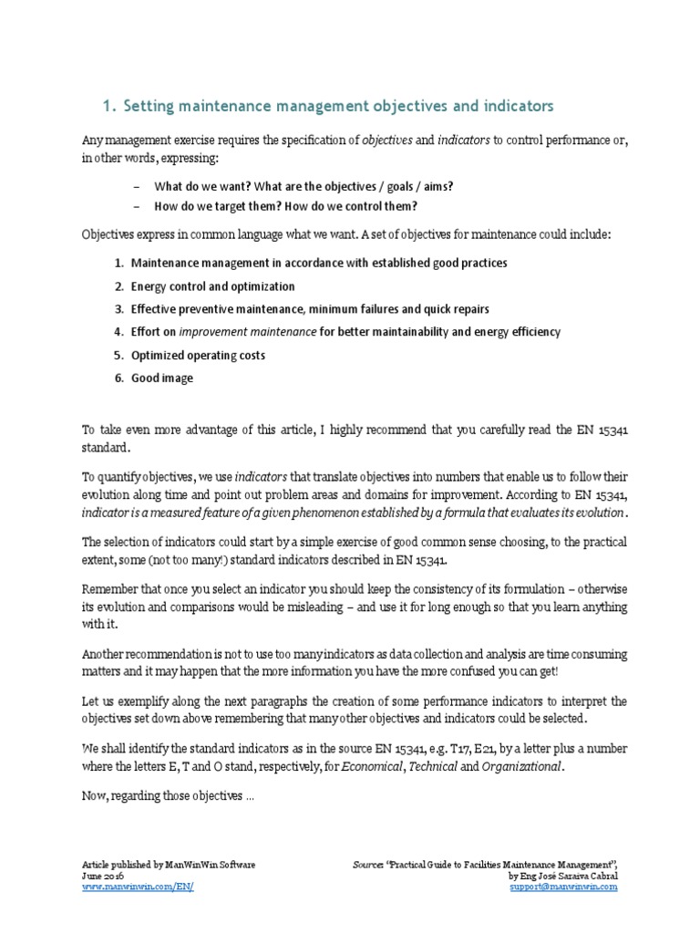 Setting Maintenance Management Objectives and Indicators | PDF ...