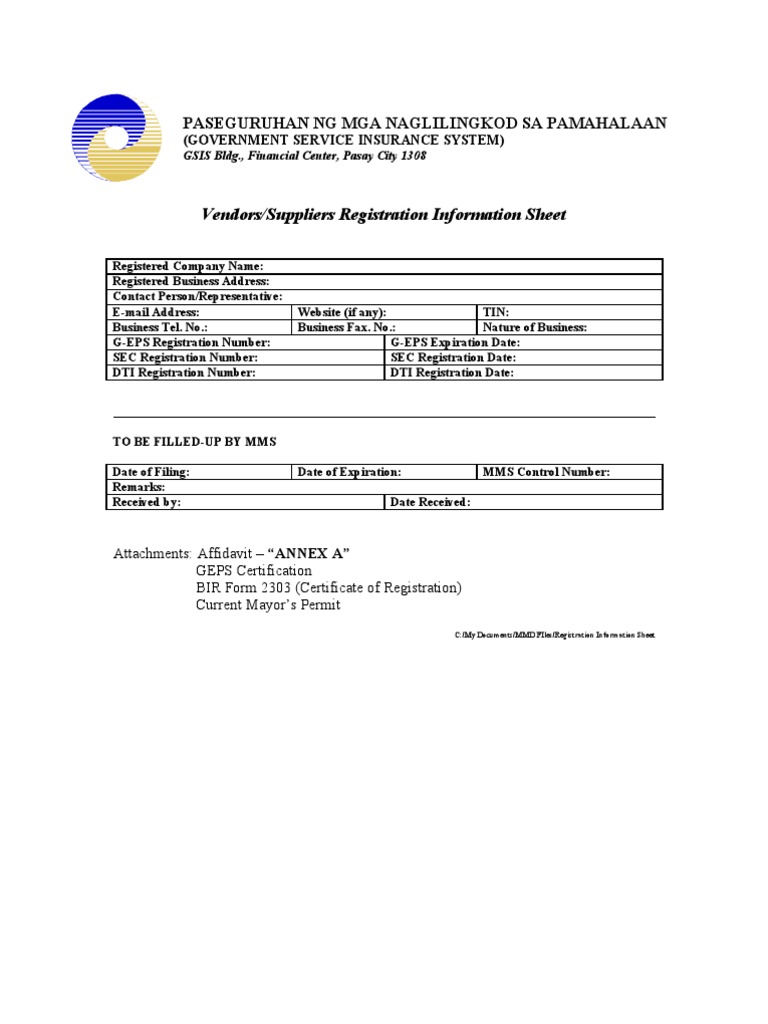 Vendor Supplier Registration Information Sheet | PDF | Affidavit | Government Information