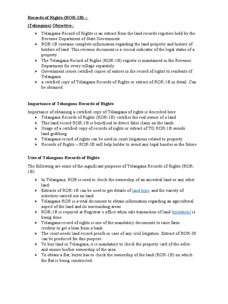 Records of Rights (ROR-1B) - (Telangana) Objective:: Land Type | PDF ...