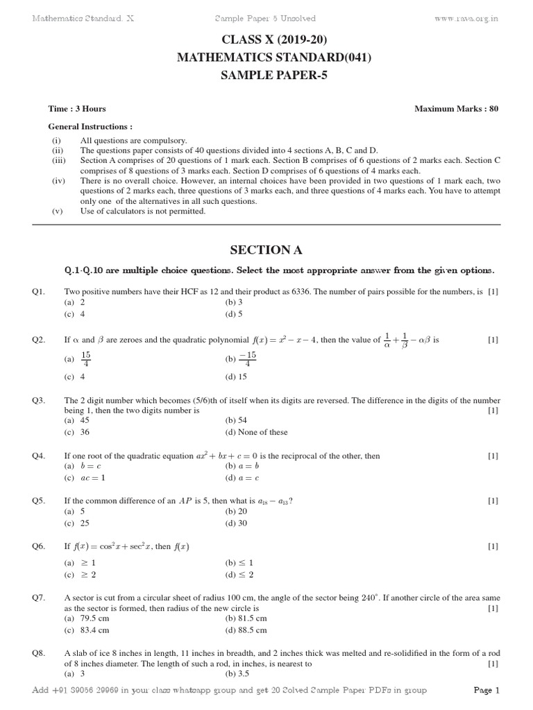 Mathematics Sample Paper For Class 10 | PDF | Circle | Area