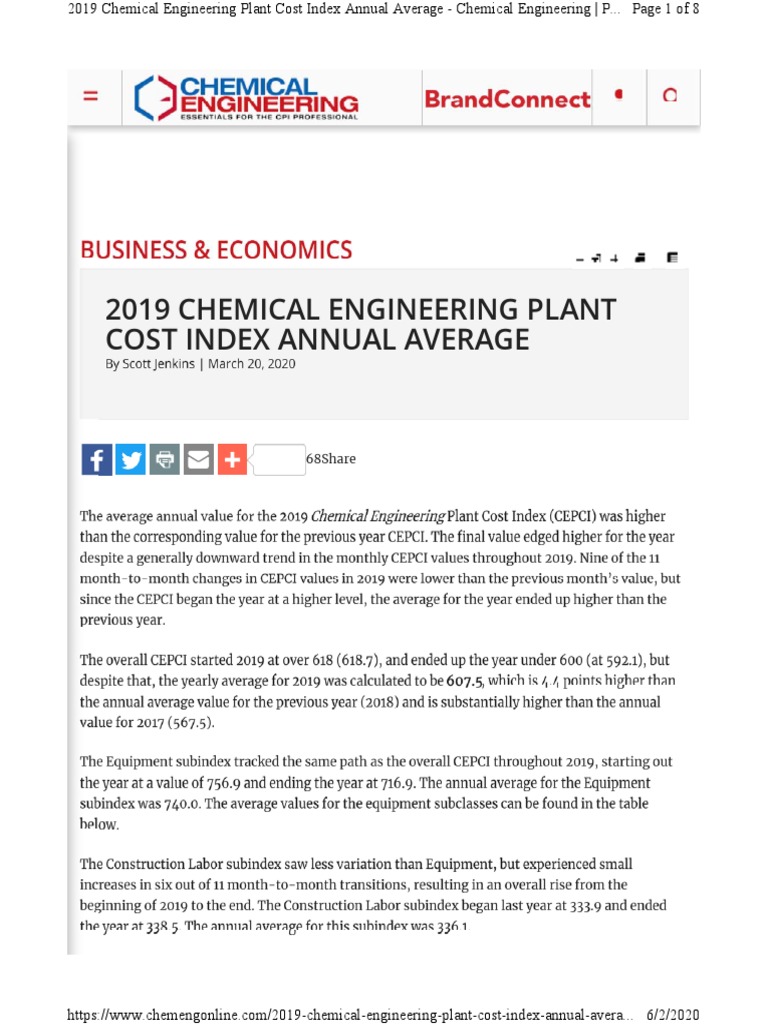 2019 Chemical Engineering Plant Cost Index Annual Average: 68share ...