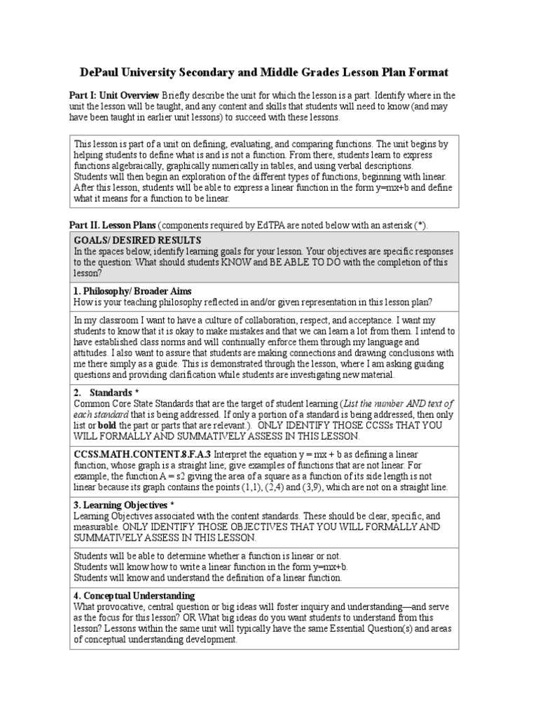Depaul University Secondary and Middle Grades Lesson Plan Format | PDF