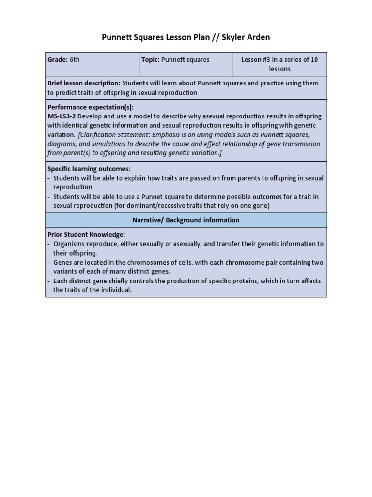 Punnett Squares Lesson Plan // Skyler Arden | PDF | Zygosity ...