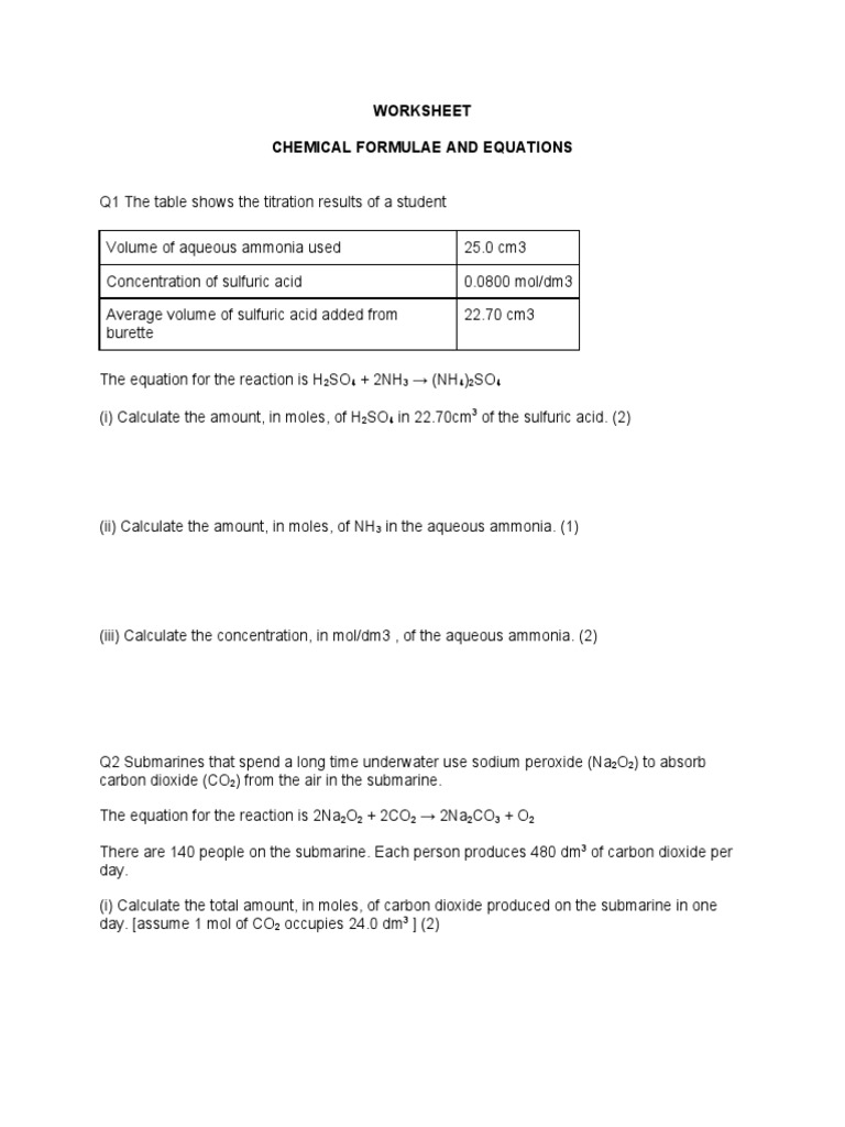 Worksheet Chemical Formulae and Equations | PDF | Mole (Unit ...