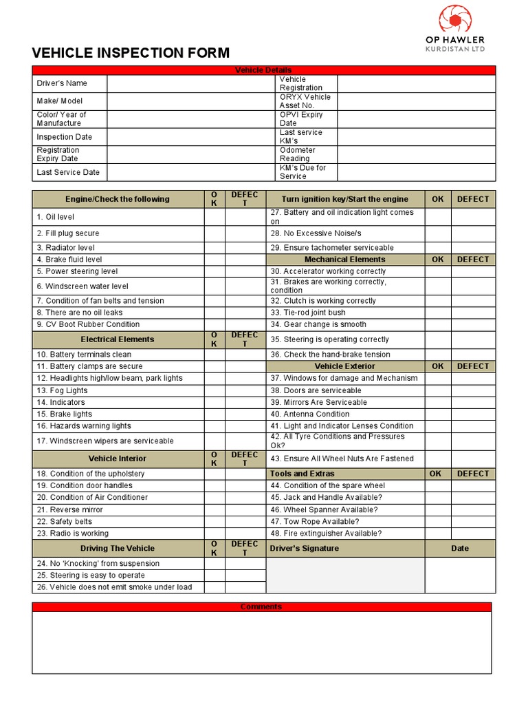Vehicle Inspection Report - Comprehensive checklist to evaluate all ...