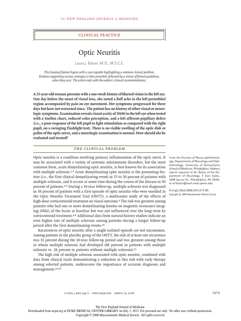 Optic Neuritis: Clinical PR Actice | PDF | Multiple Sclerosis | Peripheral Neuropathy