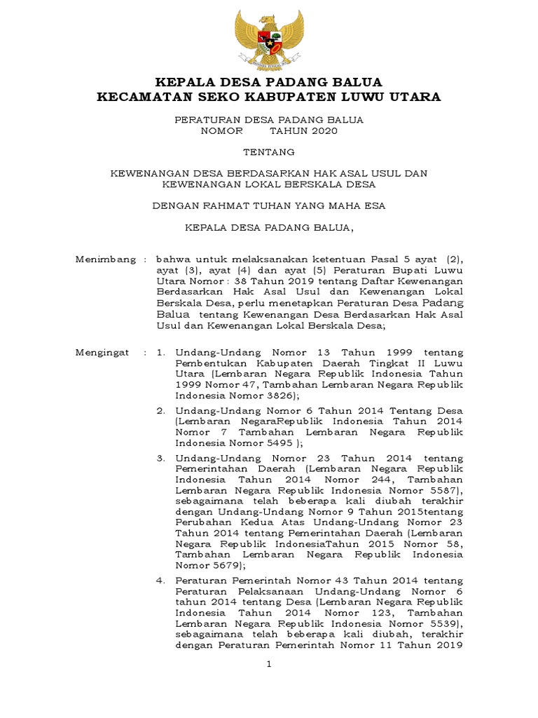 Contoh Draft Perdes Tentang Kewenangan Desa | PDF