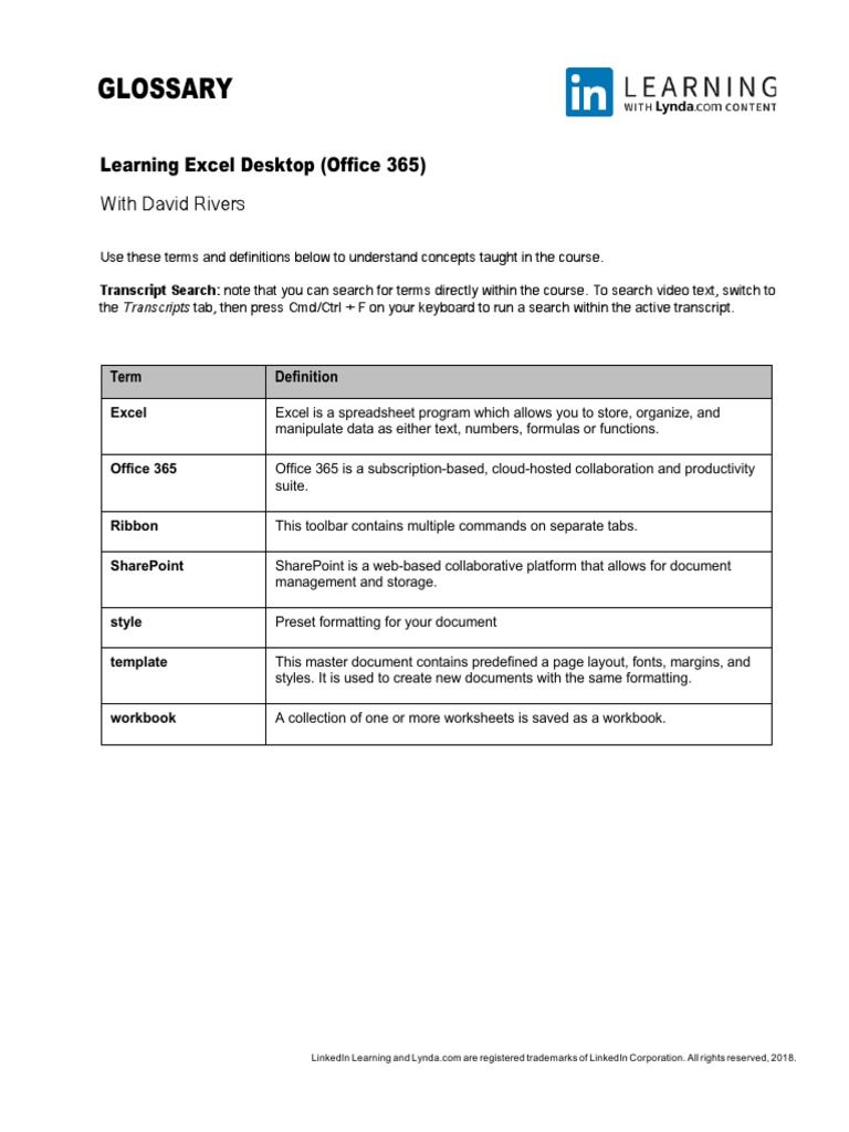 Glossary: Learning Excel Desktop (Office 365) With David Rivers | PDF