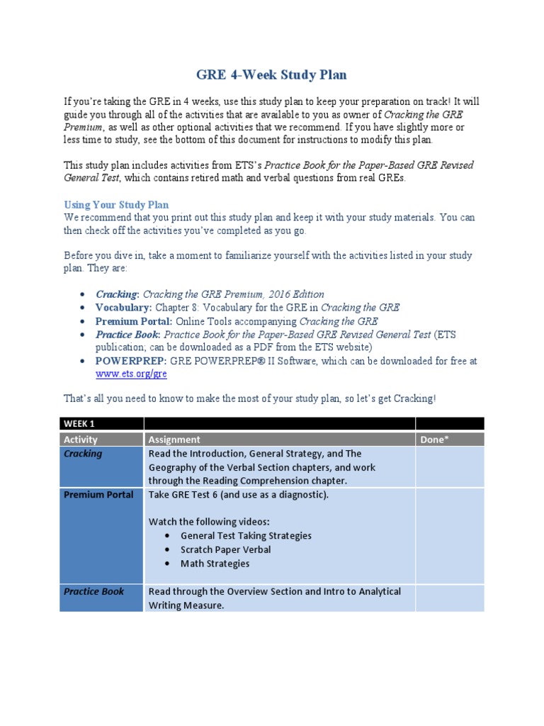 GRE 4-Week Study Plan: Premium, As Well As Other Optional Activities ...