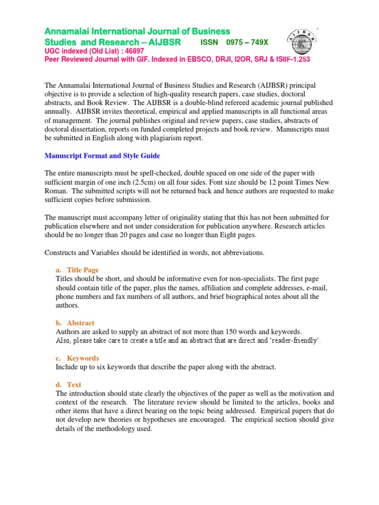 AIJBSR-Manuscript Format Style Guide | PDF | Books | Academic Publishing