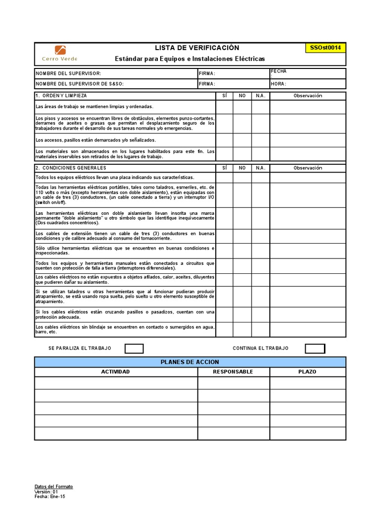 Lista De Verificación Estandar Equipos E Instalaciones Eléctricas
