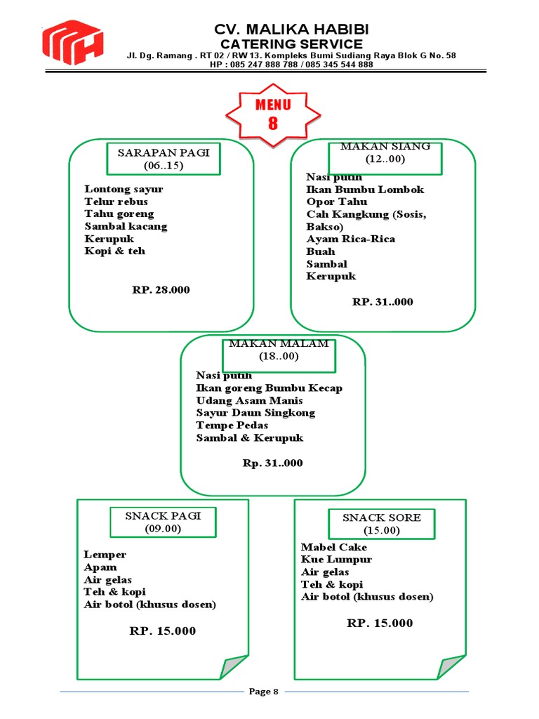 Menu Catering CV. Malika Habibi | PDF