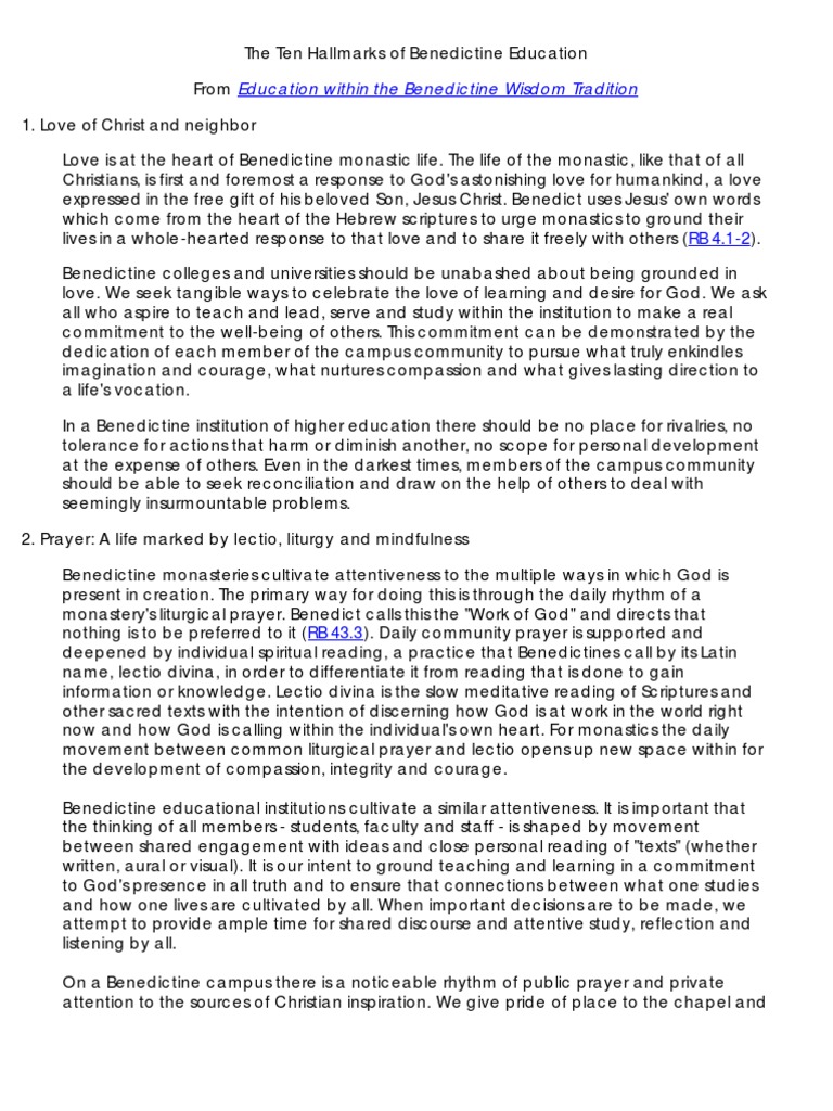 The Ten Hallmarks of Benedictine Education | PDF | Lectio Divina | Prayer