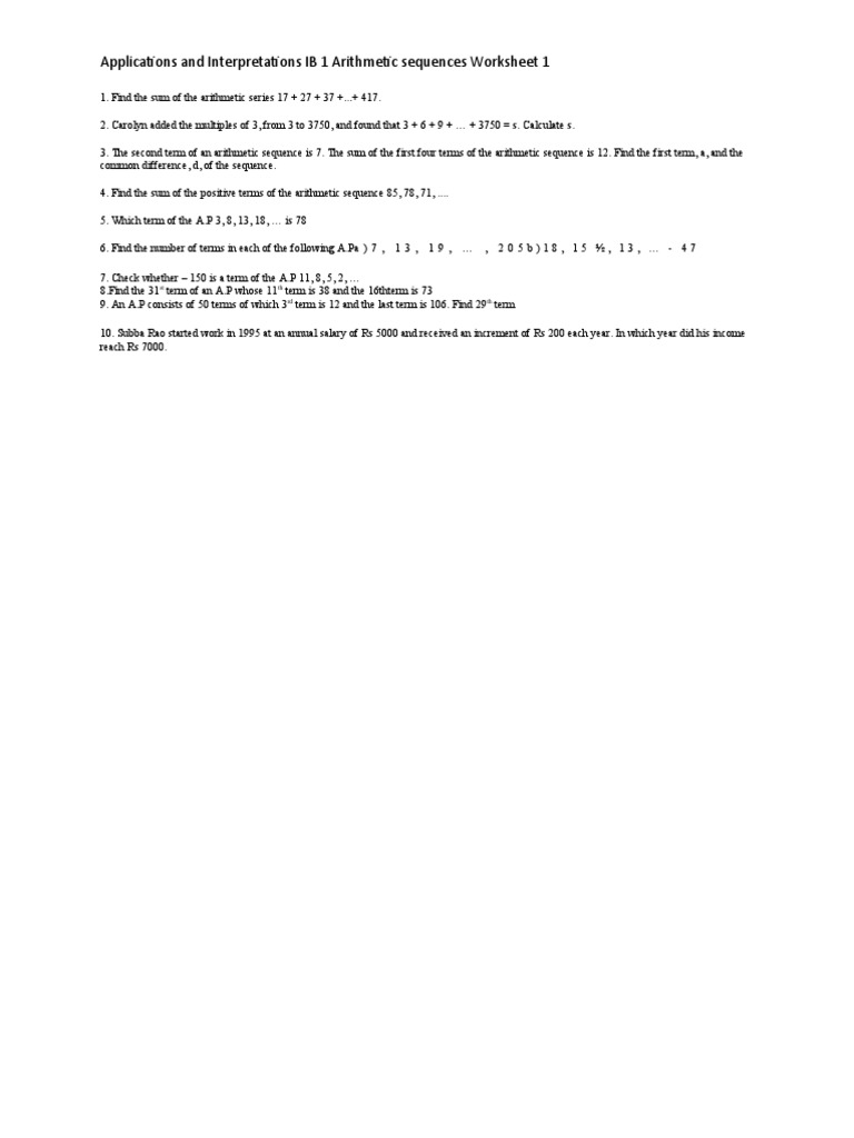 Applications and Interpretations IB 1 Arithmetic Sequences Worksheet 1 ...