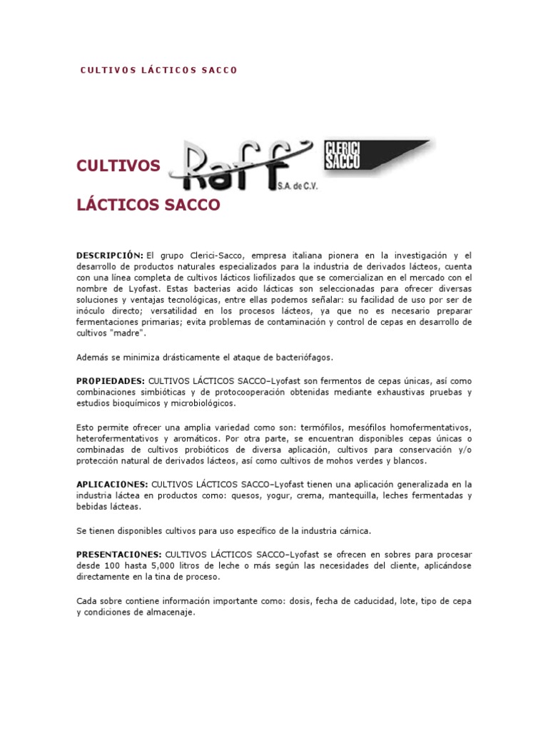 Cultivos Lácticos Sacco | PDF | Yogur | Productos lácteos