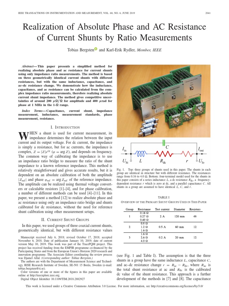 Realization of Absolute Phase and AC Resistance of Current Shunts by Ratio Measurements ...