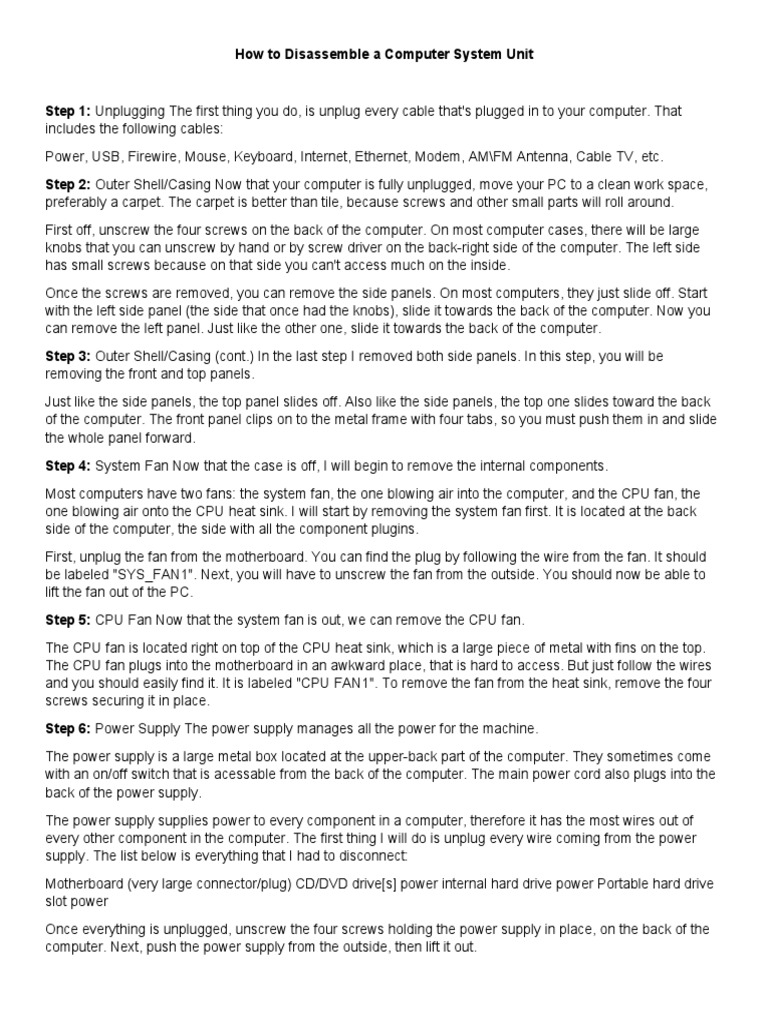 Disassembling A Computer's System Unit | PDF | Computer Hardware ...