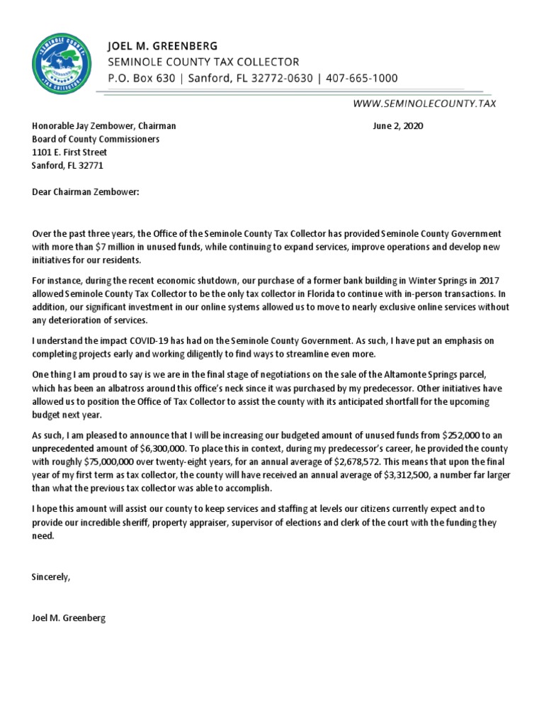 Greenberg Letter To Seminole Board of County Commissioners | PDF ...