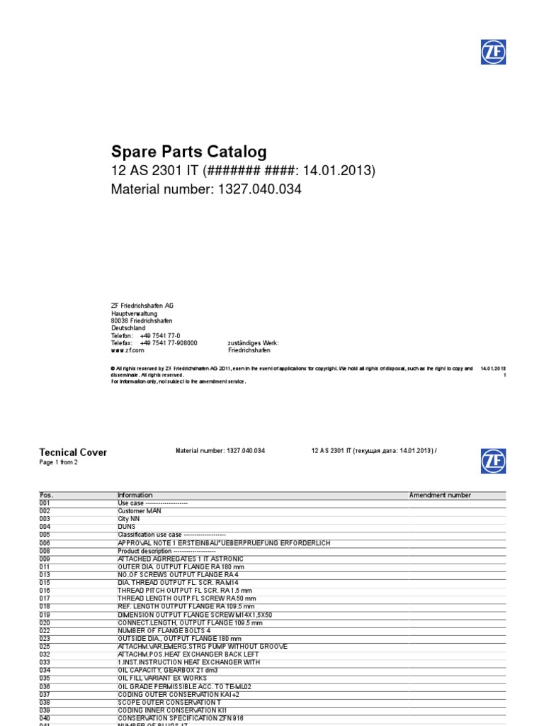 Spare Parts Catalog: 12 AS 2301 IT (####### ####: 14.01.2013) Material ...