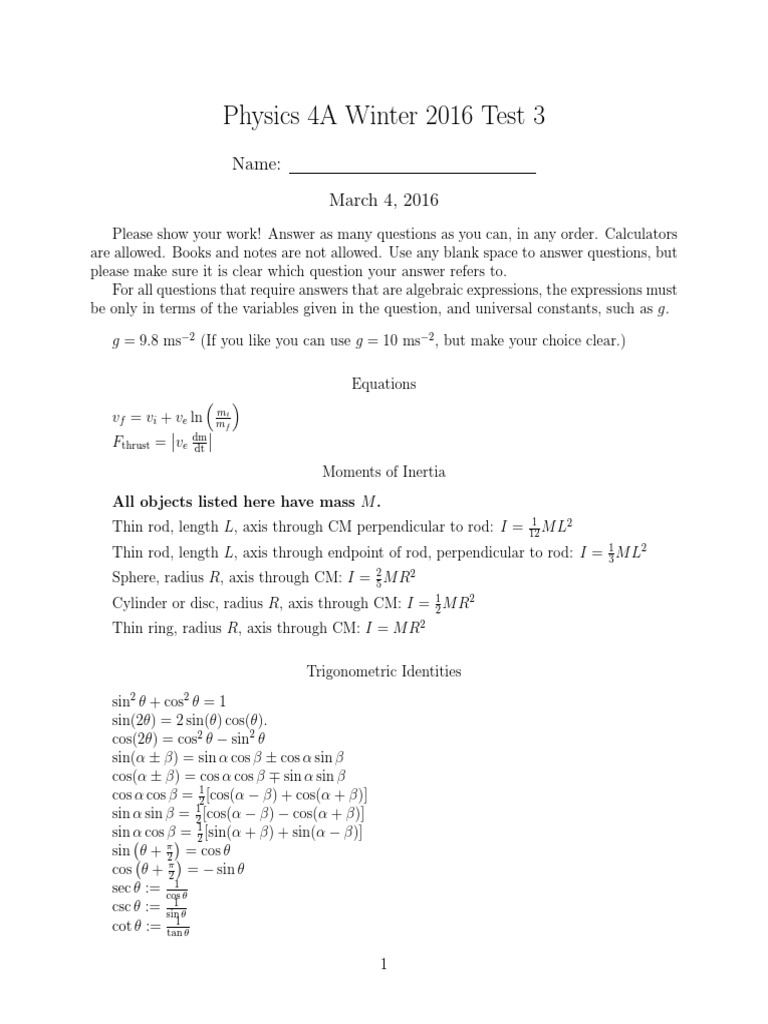 Physics 4A Winter 2016 Test 3: Name: March 4, 2016 | PDF | Rotation ...