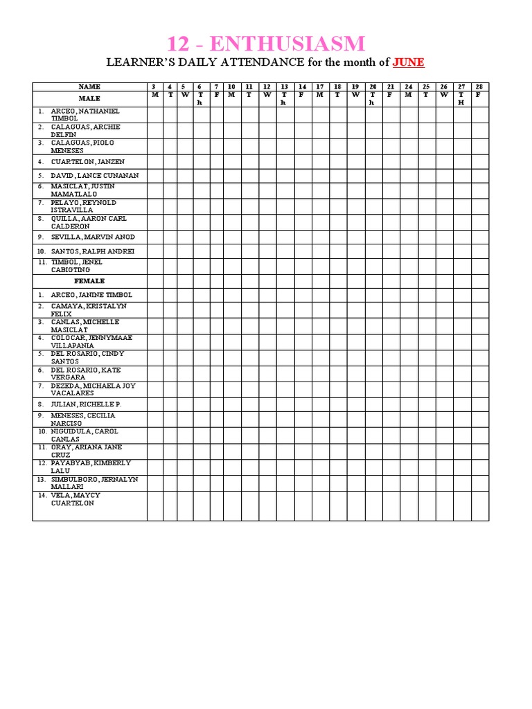 June Attendance Record: Enthusiasm | PDF