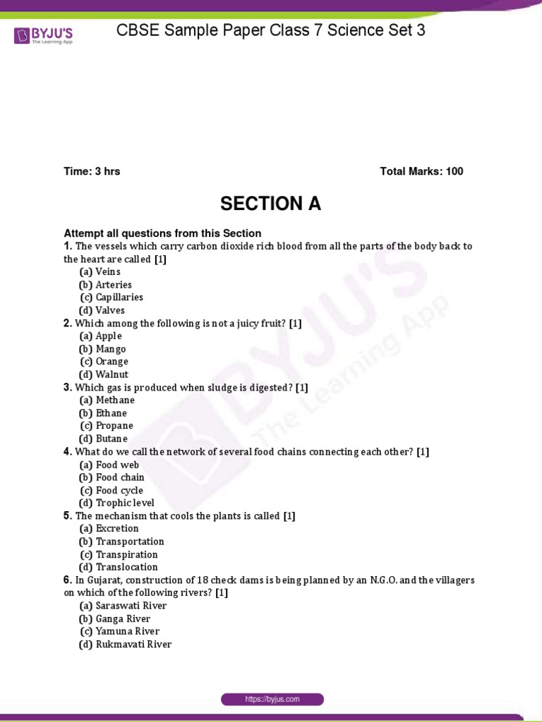 CBSE Sample Paper Class 7 Science Set 3 | PDF | Mirror | Prism