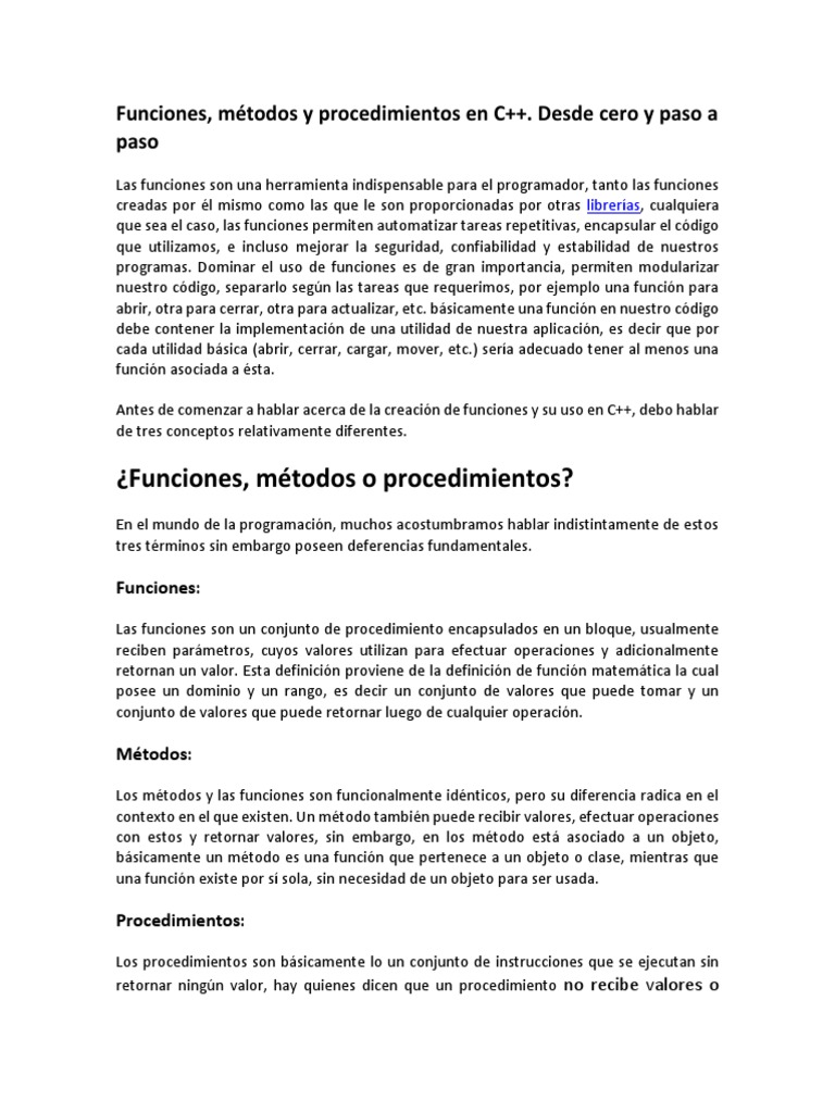 Funciones, Metodos, Procedimientos | PDF | C ++ | Función (Matemáticas)