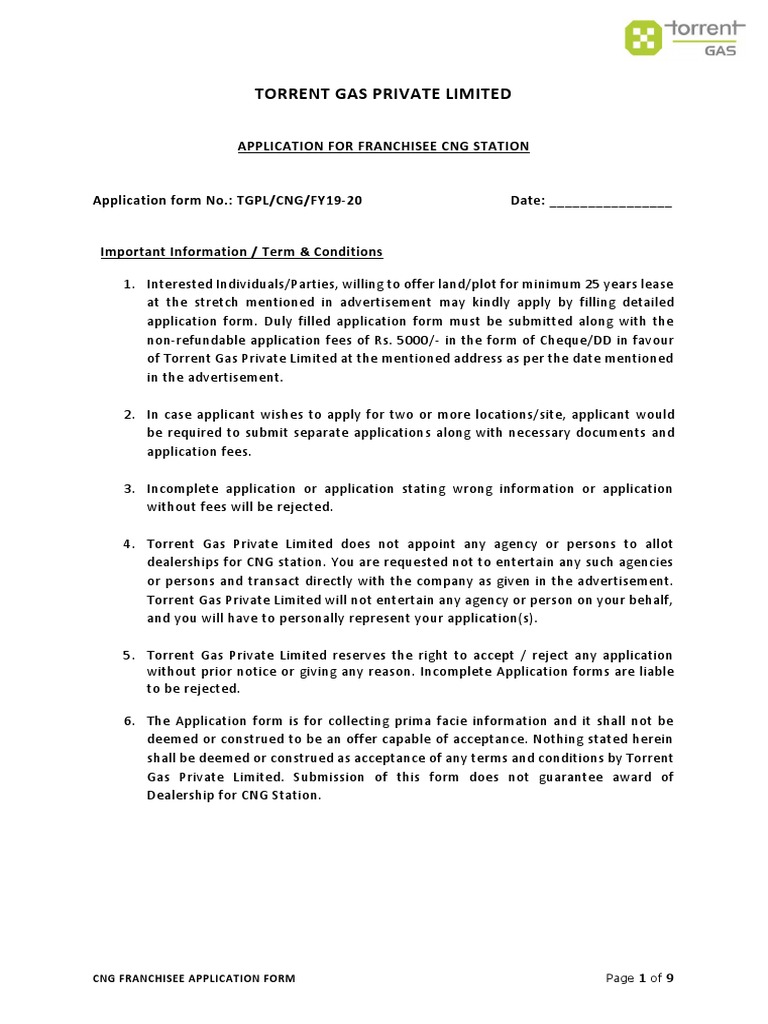 Torrent Gas Private Limited: Application For Franchisee CNG Station ...
