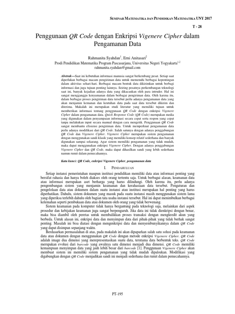 Penggunaan QR Code Dengan Enkripsi Vigenere Cipher Dalam Pengamanan Data | PDF